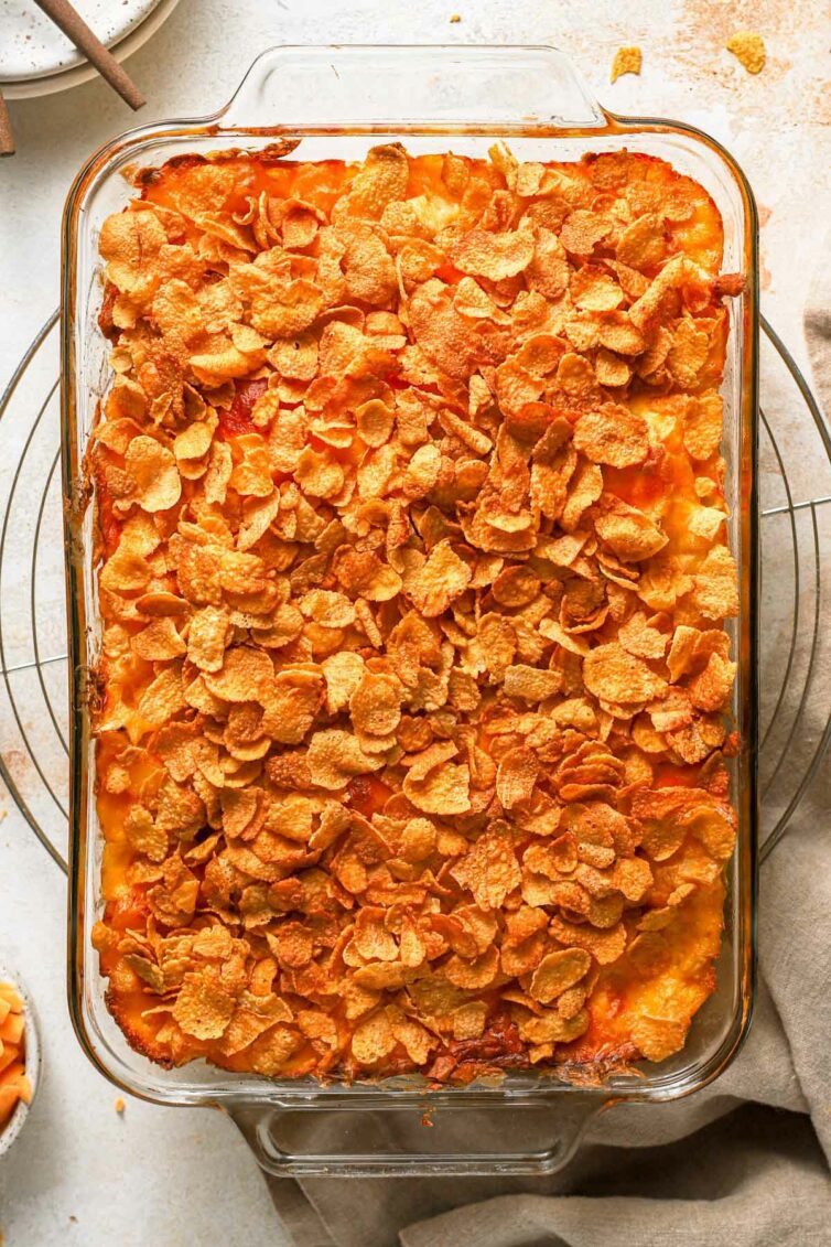 Cheesy Potato Casserole with Corn Flake Topping - Brown Eyed Baker