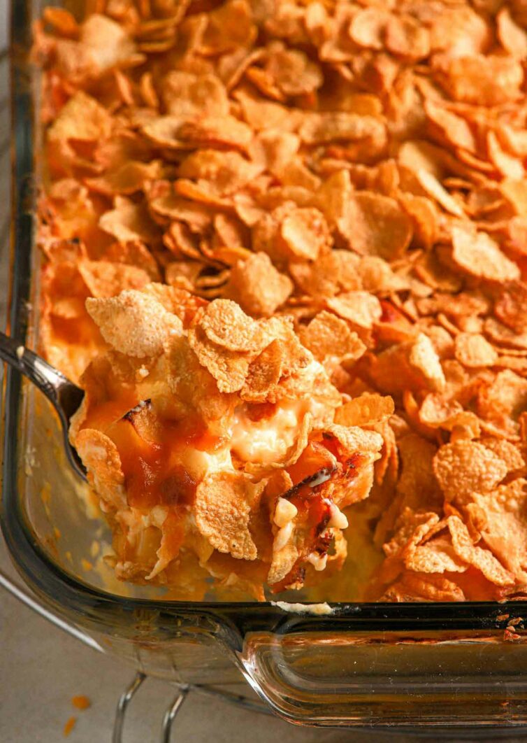 Cheesy Potato Casserole with Corn Flake Topping - Brown Eyed Baker